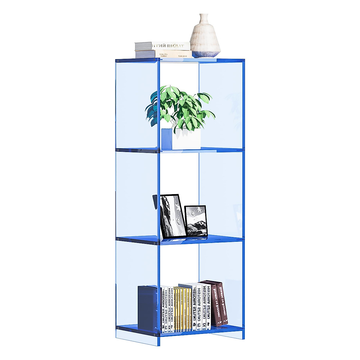 3 Tier Acrylic Bookcase, Clear Floor Standing Acrylic Bookshelf, 31.5 inch Tall Display Cube Storage Shelf Home Decor Furniture for Home, Office, Living Room, Bedroom, Blue