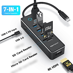 USB C Hub, RSHTECH USB C Dongle Adapter with 4K HDMI, 3 USB 3.0 Data Port, 100W Power Delivery, SD/TF Card Reader, Aluminum USB-C/Thunderbolt 3 Hub Dock for PC and Laptop, RSH-T16