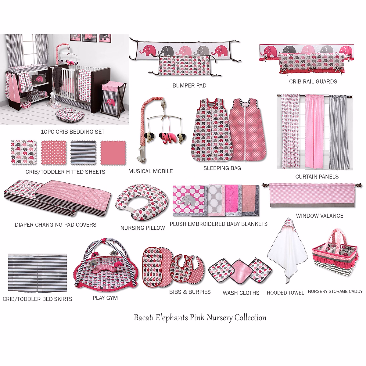 Bacati - 100% Cotton Percale Fabrics Nap Mat with Pillow for Toddler Girls, Measures 50 x 20 x 1.5 Inches, Ideal for Daycare and Preschool, BPA-Free (Elephants, Pink/Grey)