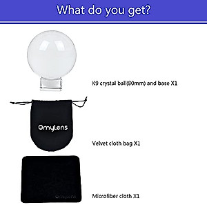 Omylens Lens Ball (80mm), K9 Crystal Ball with Stand and Silk Bag, for Lensball Photography Accessories and Props, Heal Magic Ball and Decorative(8cm/3.15″ Set Clear Crystal Ball)
