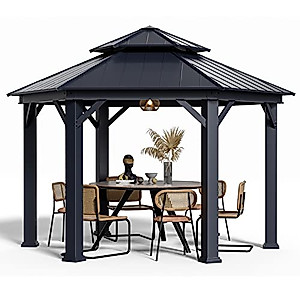 EROMMY 15' x 15' Hardtop Gazebo, Outdoor Wood Looking Aluminum Hexagon Gazebos with Galvanized Steel Roof for Patio, Backyard, Deck and Lawns