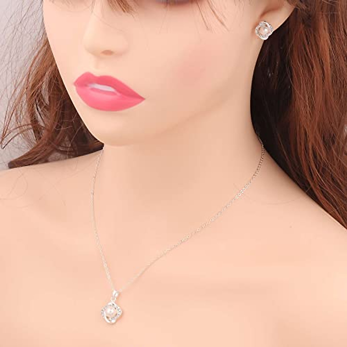 Bridesmaid Jewelry Set for Women Girls,8 Sets Silver Plated Love Knot Pendant with Pearl Necklace Earrings Bracelet Set,Bridesmaid Gift for Wedding/Proposal/Party/Anniversary