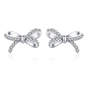 Coodilor 925 Sterling Silver Bow Stud Earrings With Cubic Zirconia, 14K White Gold Plated Earrings for Women, Perfect for Gift