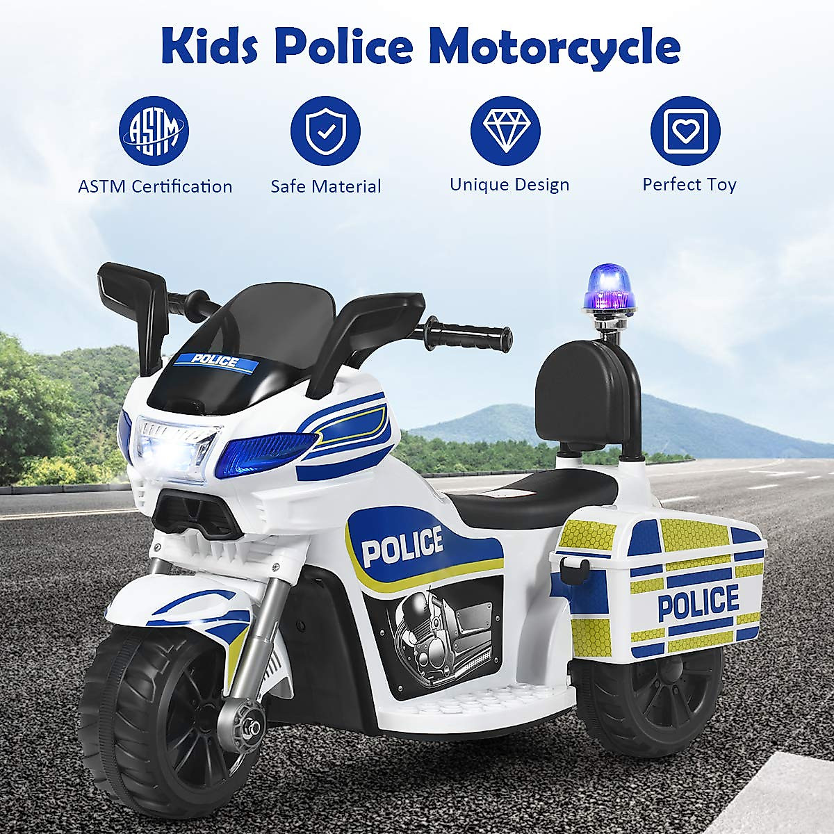 Costzon Kids Ride on Police Motorcycle, 6V Battery Powered Motorcycle Trike w/Horn, Headlight Police Light, 3-Wheel Design, Forward/Reverse, ASTM Certification, Gift for Boys Girls (White)