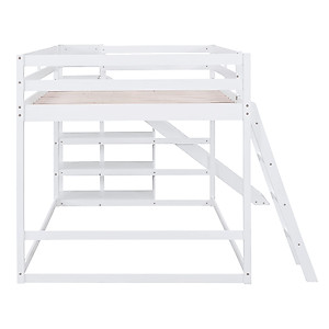 CITYLIGHT Full Over Full Bunk Beds with Slide, Wood Full Bunk Bed with Storage Shelves & Ladder,Floor Bunk Bed Full Size for Kids Girls Boys, White