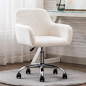 Homedraft Faux Fur 360°Swivel Desk Chair, Height Adjustable Home Office Armchair with Slivery Base for Teens Women Girls, Upholstery Computer Chair for Home Studios, Sherpa & White