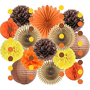 Fall Party Decorations Kit Yellow Orange Brown Paper Hanging Fans Paper Lanterns Orange Brown Yellow Party Decorations for Birthday Autumn Orange and Brown Baby Shower Bridal Shower Wedding Fall Decor