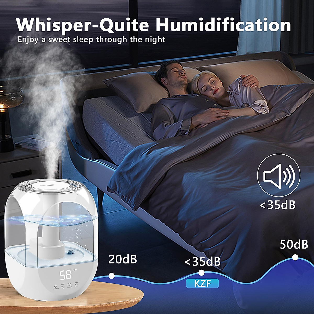 KZF Humidifiers for Bedroom, 5L Cool Mist Top Fill Humidifier, 36H Runtime, Quiet Ultrasonic Humidifiers for Baby Nursery, Home, Large Room (White) (White)