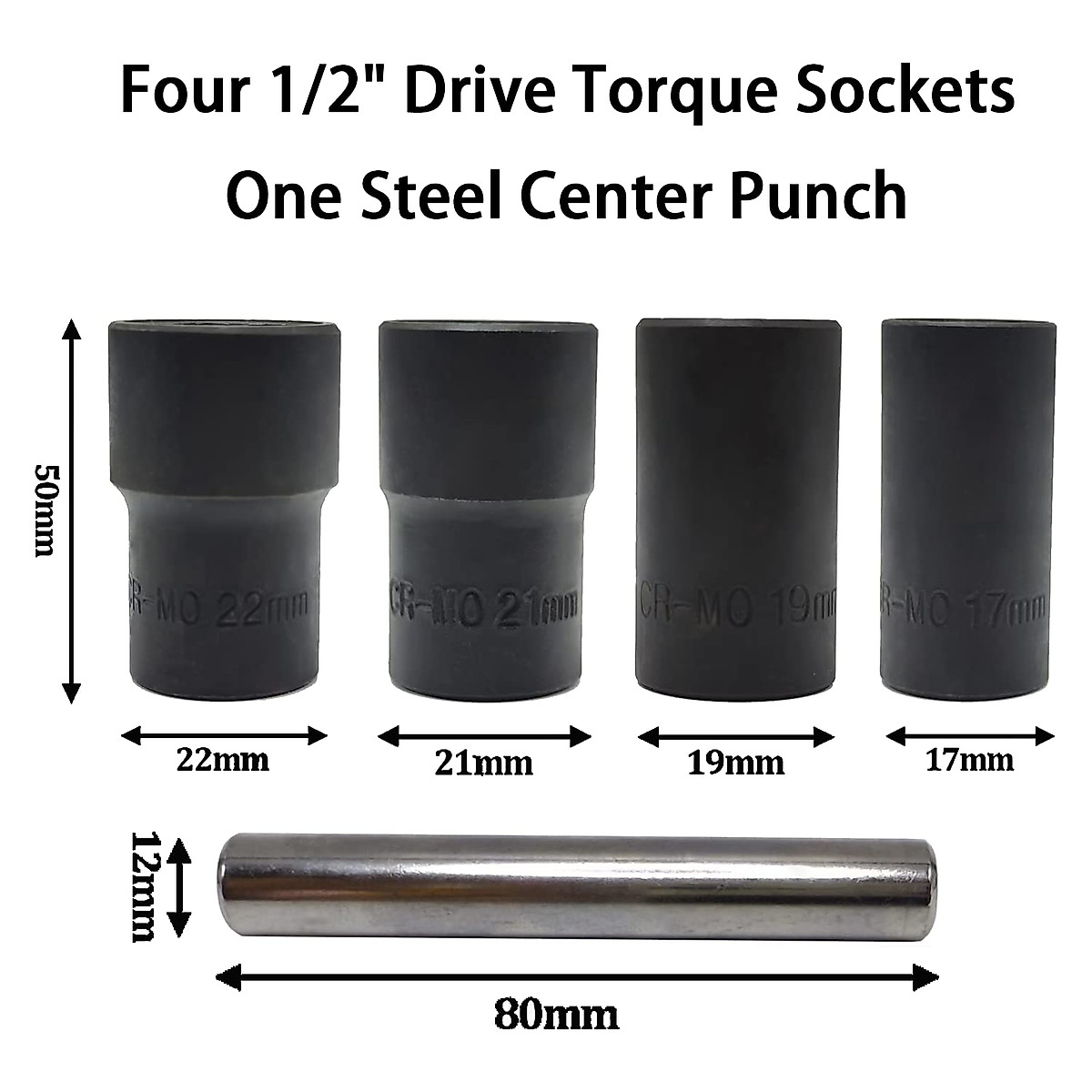 JEUCLEL 5PCS Twist Lug Nut Socket Set - 1/2 inch Drive Damaged Nut Lock Remover Extractor - Rusted & Strip & Stripped & Stuck Locking Nut Removal Tool Kit with 17mm 19mm 21mm 22mm Sockets