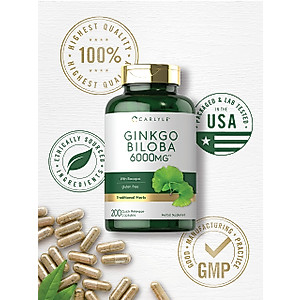 Carlyle Ginkgo Biloba Pills | 6000mg | 200 Capsules | Maximum Strength | Non-GMO, Gluten Free Supplement