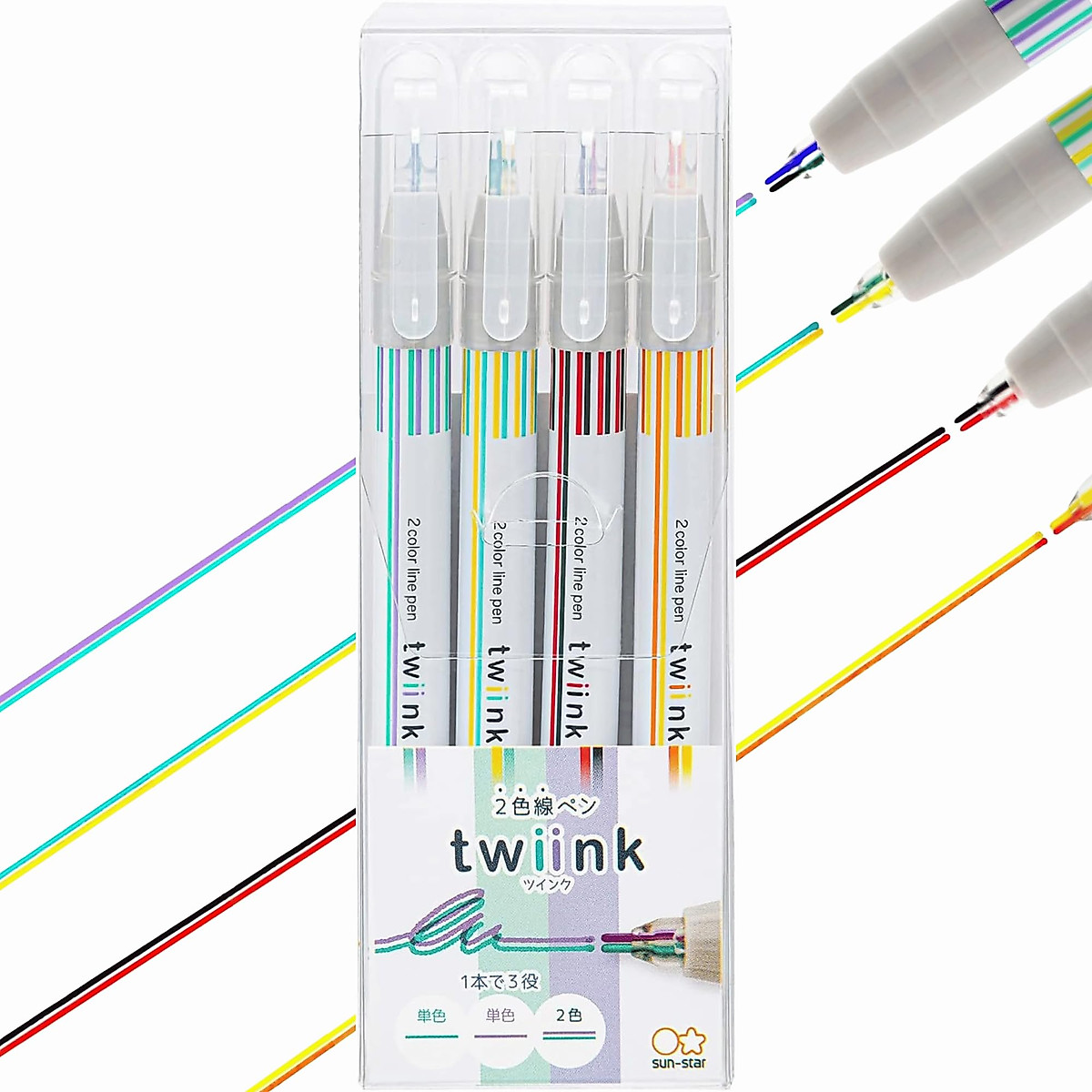 SUN-STAR Two Color Line Pen Twiink,C Set, Different 4 Colors Pattern Set, Water-Based Paint Pen, (Mint x Light Violet, Yellow x Mint, Red x Black, Orange x Yellow)