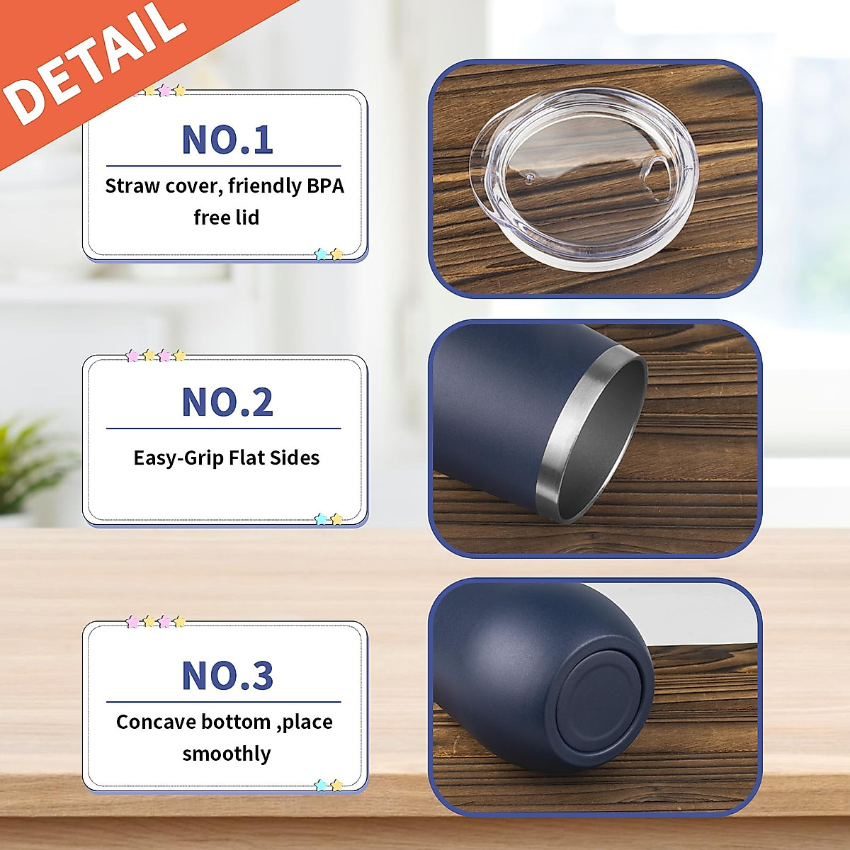 StarSpeed 12oz Wine Tumbler with lid, Stainless Steel Travel Mugs Stemless Double Wall Insulated Coffee Cup, Insulated Wine Glasses Travel Tumbler for Cold & Hot Drinks(Navy Blue, 1)