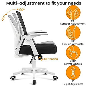 Topeakmart Office Chair Ergonomic Desk Chair with Adjustable Lumbar Support, Mid Back Mesh Computer Chair with Flip-up Armrests Task Chairs, Executive Chair for Home Office, White