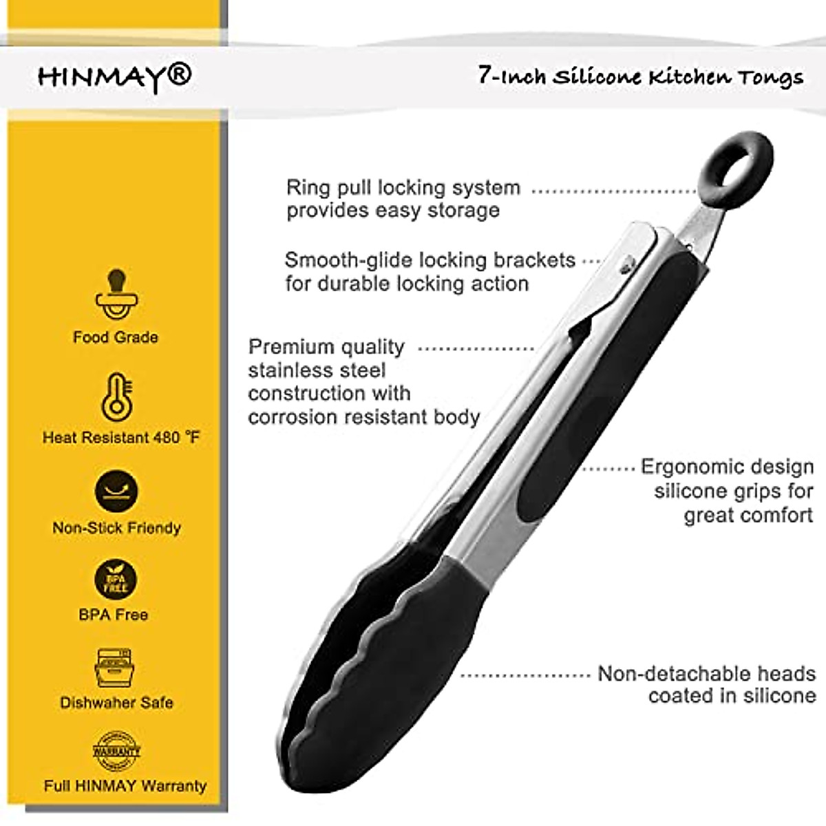 HINMAY Small Silicone Tongs 7-Inch Mini Serving Tongs, Set of 3 (Black Gray White)