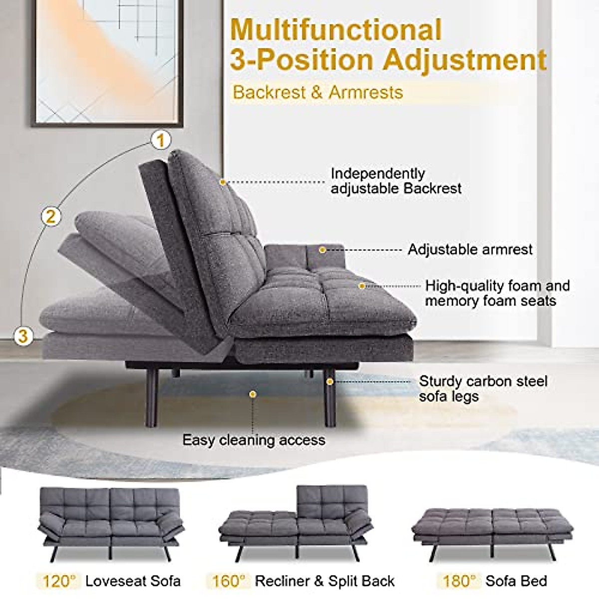MUUEGM Futon Sofa Bed,Convertible Memory Foam Futon Couch for Small Spaces,Modern Loveseat Sleeper Sofa with Adjustable Armrests for Compact Living Room,Offices,Dorm,Studio/Grey