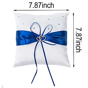 ARKSU Ring Bearer Pillow Cushion 7.8 x7.8 inch with Satin Ribbon 2 Heart Rhinestones for Rustic Bridal Wedding Shower Ceremony-Dark Blue