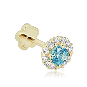 AVORA 14K Yellow Gold Blue and White Simulated Diamond CZ Halo Cartilage Piercing Flat Back Earring Body Jewelry (18 Gauge)