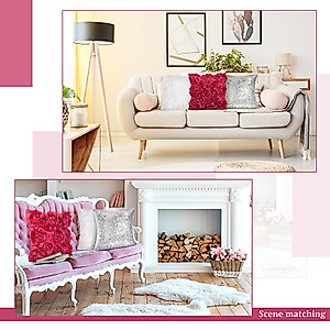 Oudain 6 Pcs Decorative 3D Rose Flower Pillow Cover, Faux Fur Throw Pillow Covers, 16 x 16 Inch Throw Pillows for Bed Soft Square Sofa Pillow Covers for Sofa Bedroom Car (Hot Pink)