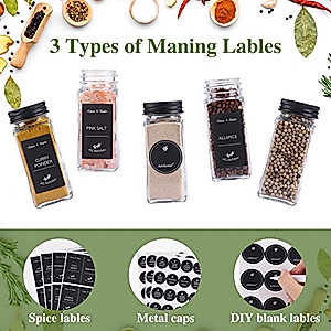 CUCUMI 18pcs Spice Jars with Labels, 4oz Empty Square Spice Bottles with Shaker Lids, Black Airtight Metal Caps, Collapsible Funnel, Chalk Pen, Seasoning Containers for Spice Rack, Drawer, Cabinet