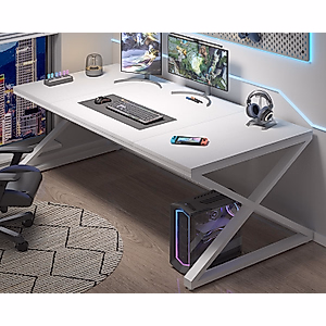 LVB 70.8" Long Desk, Modern Large White Computer Desk for Home Office Work, Wood Metal Computer Table for Writing Study in Bedroom, Simple Gaming Desk for 2 Monitor Workstation, White Oak, 70 in