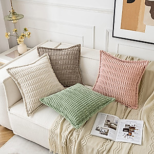 MIULEE Sage Green Corduroy Decorative Throw Pillow Covers Pack of 2 Soft Striped Pillows Pillowcases with Broad Edge Modern Boho Home Decor for Couch Sofa Bed 18x18 Inch