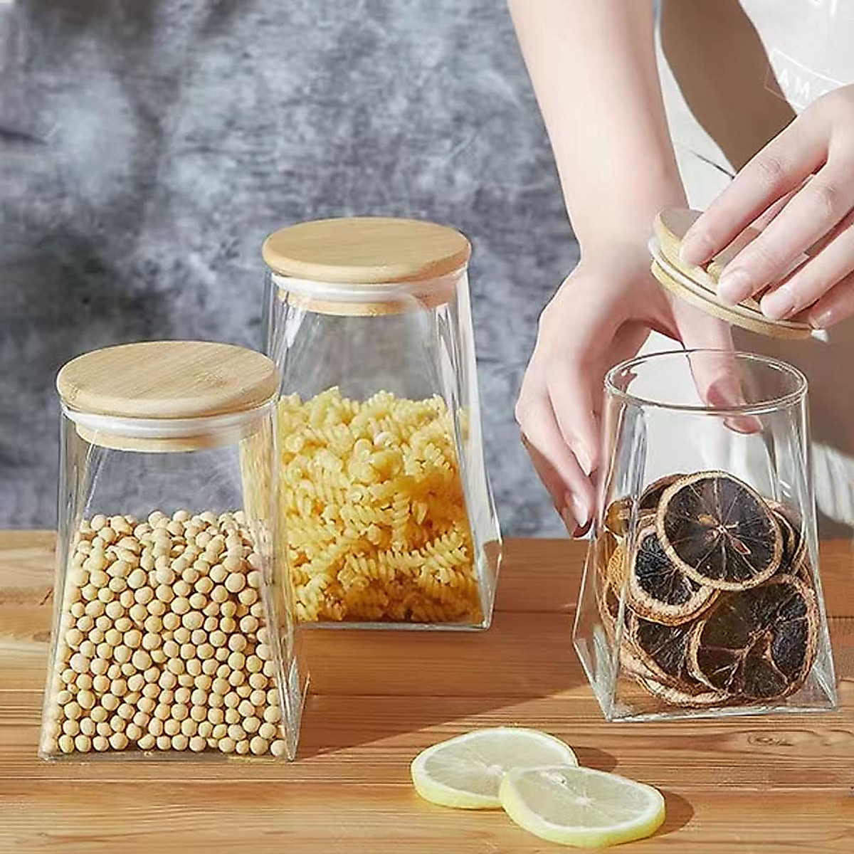 WEIRUIFANZHI 3 Pack Glass Food Storage Jars with Bamboo Lids Set Clear Airtight Canisters Kitchen Decorative Containers for Candy,Cookie Coffee,Sugar,Spice(17OZ/25OZ/32OZ)