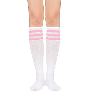 American Trends Womens Athletic Socks Outdoor Sport Socks Thigh High Tights Stockings Casual Stripes Tube Socks 1 Pack White Pink One Size