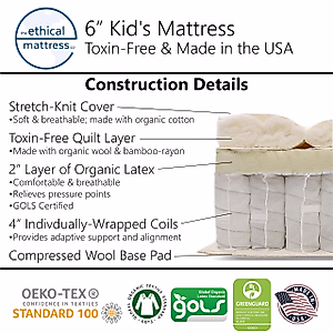 ETHICAL MATTRESS CO 6" Kid’s Mattress, Toxin-Free, Made in the USA with Organic Cotton, Wool, Latex & Pocketed Coils (Mattress-in-a-Box); perfect for bunk beds, trundles & platform beds - Twin XL size