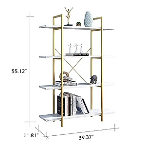 IOTXY 4-Tier Open Shelf Bookcase - Modern Freestanding Wooden Display Stand Unit with Metal Frame for Home and Office, Bookshelf, Gold White
