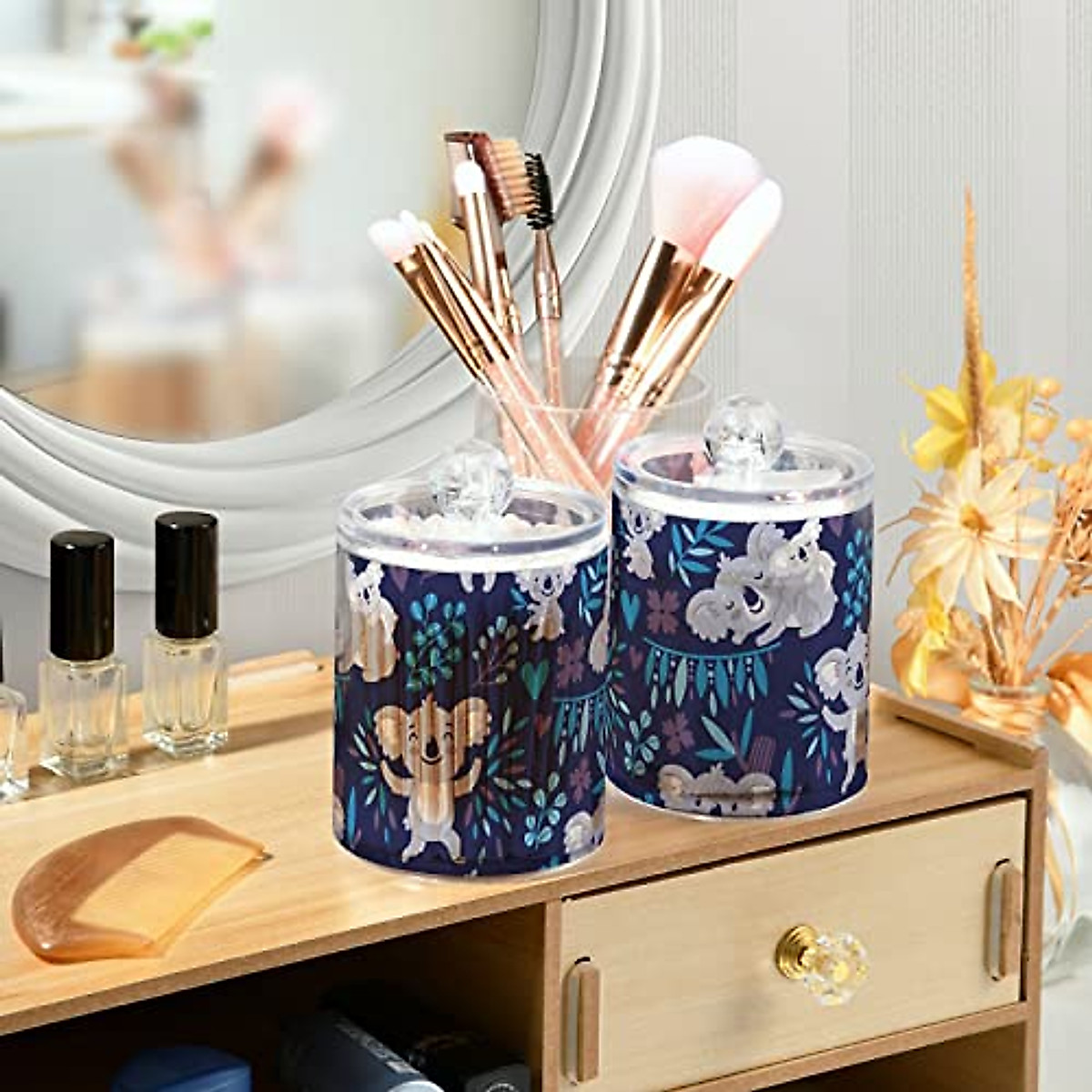 WELLDAY Apothecary Jars Bathroom Storage Organizer with Lid - 14 oz Qtip Holder Storage Canister, Koala Bears Clear Plastic Jar for Cotton Swab, Cotton Ball, Floss Picks, Makeup Sponges,Hair Clips (2