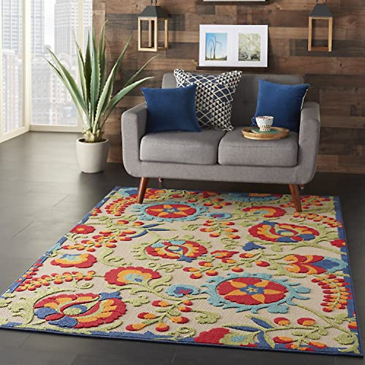 Nourison Aloha Indoor/Outdoor Multicolor 5'3" x 7'5" Area Rug, Tropical, Botanical, Easy -Cleaning, Non Shedding, Bed Room, Living Room, Dining Room, Deck, Backyard, Patio (5x7)