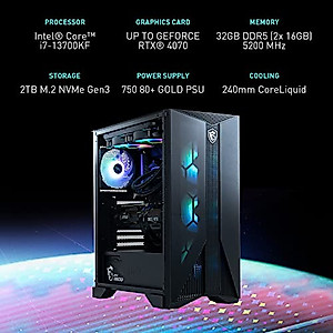 MSI Aegis RS Gaming Desktop: Intel Core i7-13700KF, RTX 4070, 32GB DDR5, 2TB M.2 NVMe, Liquid Cooling, WiFi 6E, Keyboard & Mouse, DIY Friendly, Windows 11 Home-Adv: 13NUE-450US,Black