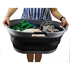 SAMMART 44L Collapsible Plastic Laundry Basket - Foldable Pop Up Storage Container / Organizer - Portable Washing Tub - Space Saving Hamper / Basket - Water Capacity: 35L (1, Dark Grey/Black), Size: 25.4 x 17.8 x 10.6 inches