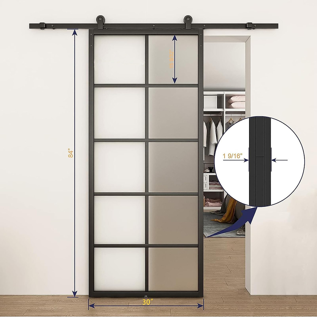 BARNSMITH 30in x84 in Glass Barn Door with Hardware Included Sfot Close Heavy Duty DIY Tempered Frosted Glass Barn Door Aluminum Frame Sliding Door Assemble Required