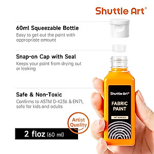 Shuttle Art 24 Colors Fabric Paint, 60ml/2oz Bottles, Permanent Soft Fabric Paint for Clothes with Brushes &Stencils, Non-Toxic Textile Paint for T-Shirts, Shoes, Jeans, Bags, DIY Projects & Crafts