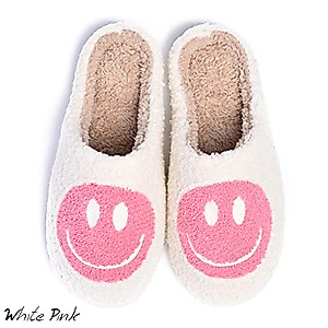 AIMINUO Women's Men's Retro Preppy Happy Face Slippers Comfy Warm Plush Slip-On House Slipper for Winter Indoor Soft Cushion Non-slip Fluffy Slides Slippers White-Pink 8.5-9.5 Women/8-9 Men