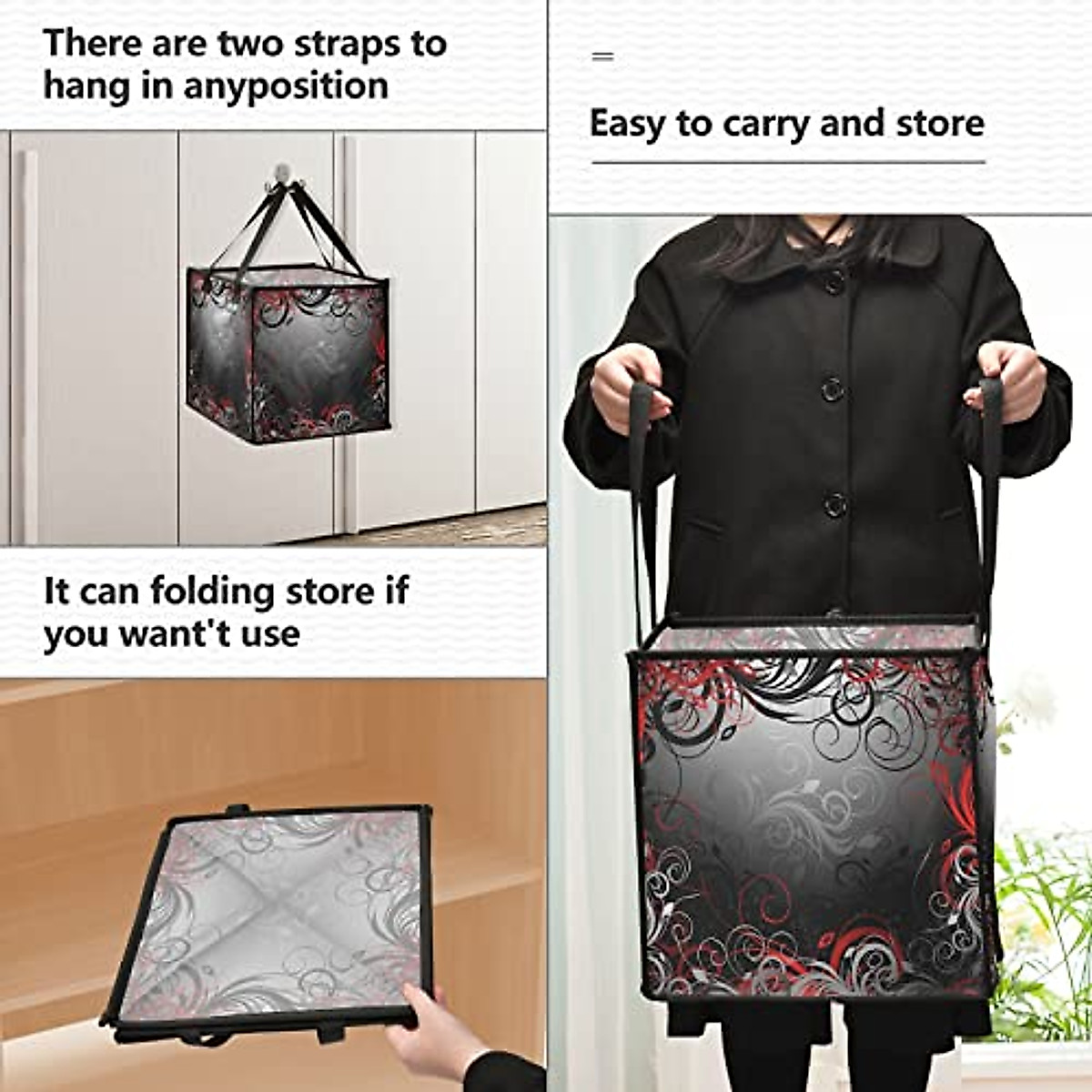 Blueangle Black Red Floral Cube Storage Bin with Handles, 10.6 x 10.6 x 10.6 in, Large Collapsible Organizer Storage Basket for Home Décor（158）