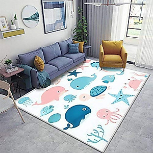 Cute Vector Ocean Set with sea Creatures for Girls and Boys Summer Area Rugs Floor Mat Non Slip Throw Rugs Soft Door Mat Nursery Carpet for Living Room Home Indoor Outdoor Runner Rugs Yoga Mat