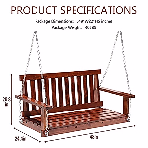 Outdoor Wooden Porch Swings 4Ft/48in Outdoor Swings Heavy Duty 800lb Weight Capacity Swing Bench for Adults with Hanging Chains and Fixing Screw for Garden and Backyard,Brown