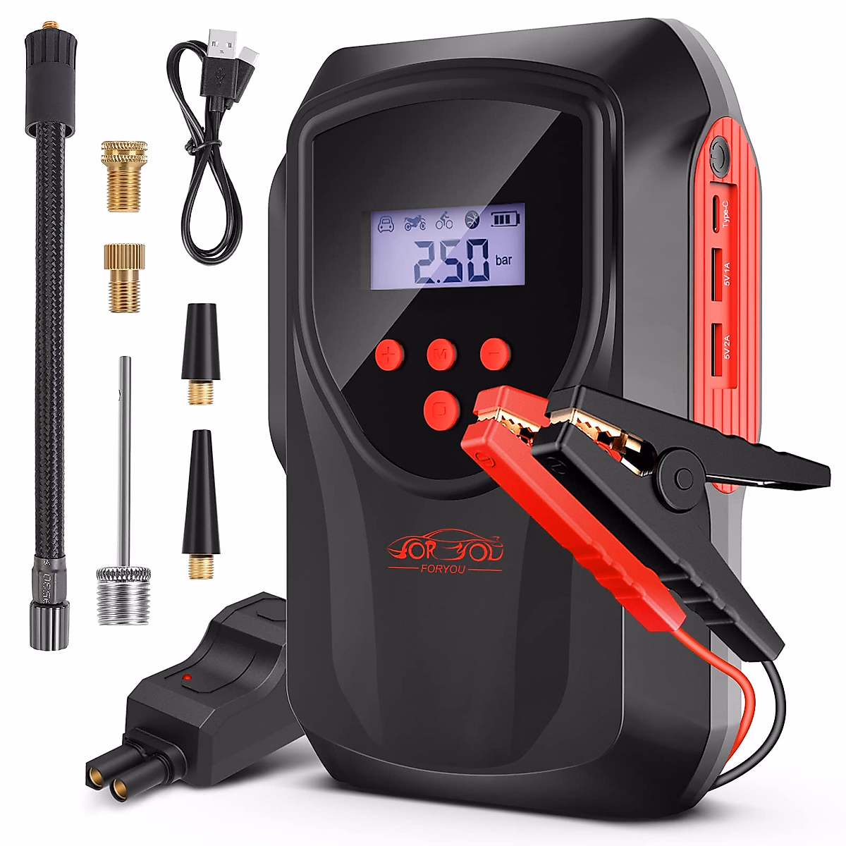FORYOU Car Jump Starter with Air Compressor, 2000A 12-Volt Jumper Cables Jump Starter Box Car Battery Booster Pack (Up to 6-Liter Gasoline and 3-Liter Diesel Engines) Digital Screen(Black Red)