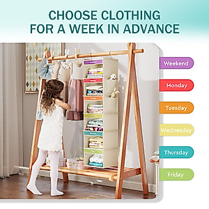 YOUDENOVA 6-Shelf Weekly Hanging Closet Organizer, Closet Organizers with 2 Side Pockets, Closet Hanging Organizers for Kids, Khaki