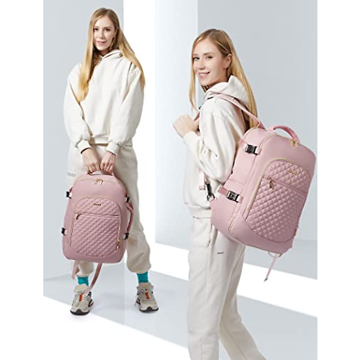 LOVEVOOK Large Travel Backpack Women,40L Flight Approved Carry On Backpack Fits for 17.3inch Laptop,Anti-Theft Large Casual Daypack with 3 Packing Cubes, Pink