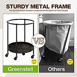 Greenstell Laundry Hamper with Lid, 198L Large 2 sections Rolling Laundry Basket with wheels, Round Laundry Cart with Rattan Tray and Removable Bag, Metal Frame, White