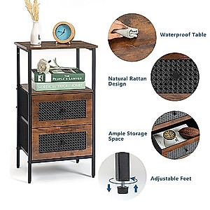 DOVAMY Rattan Nightstand with 2 Drawers, End Table for Small Spaces, Side Table with Storage for Bedroom, Living Room, Dorm, 27.5'' Bed Stand with Open Shelf, Rustic Brown BN03V