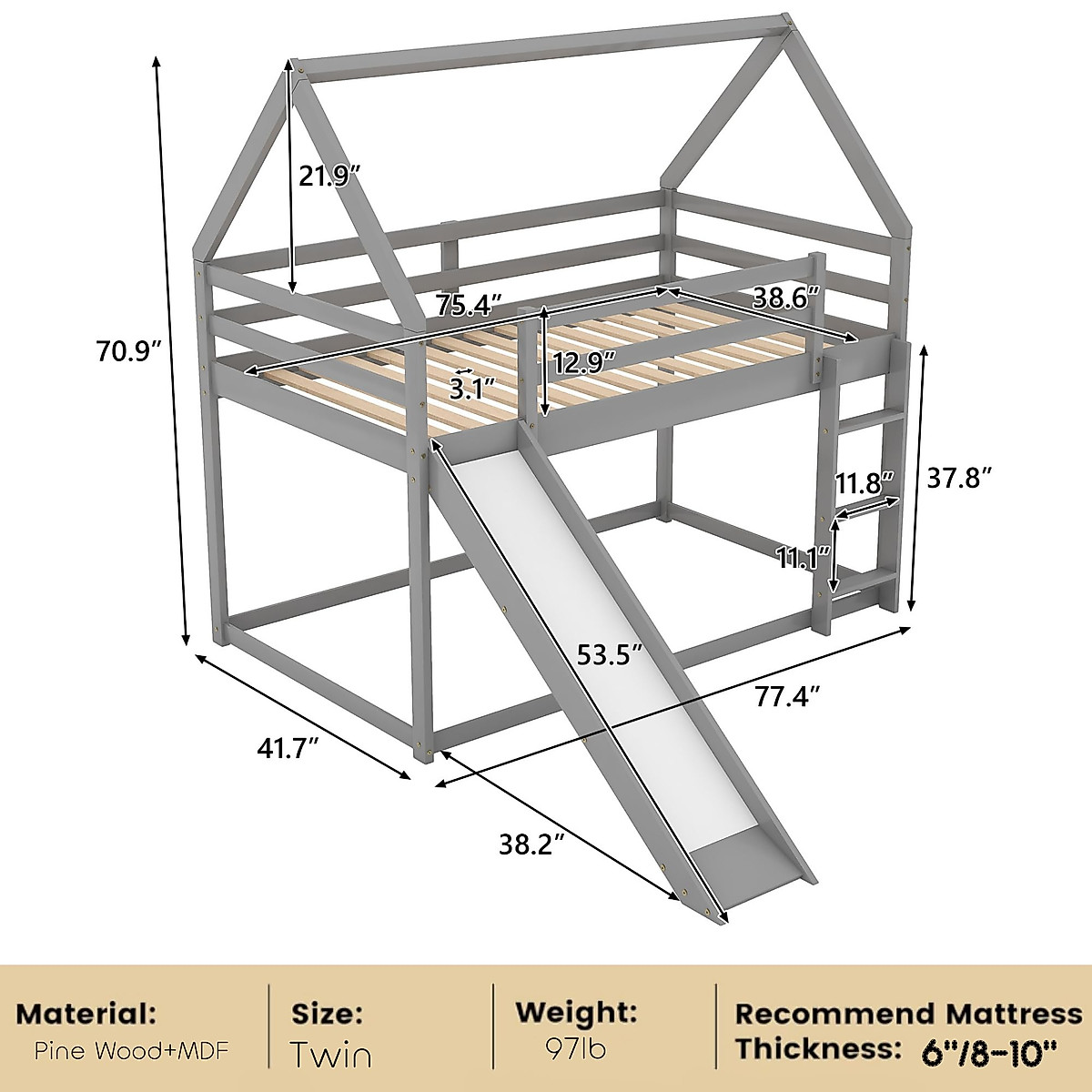 Harper & Bright Designs Twin Bunk Beds for Kids,Wood House Bunk Bed Twin Over Twin,Kids Bunk Bed with Slide and Roof for Girls Boys,Grey