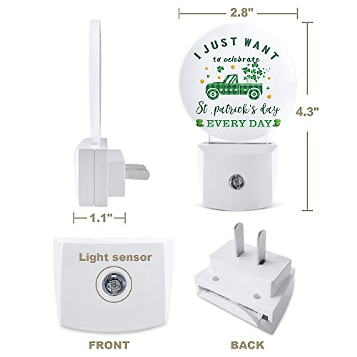 St. Patrick's Day Celebrate Night Lights Plug into Wall, Green Truck Shamrock Auto Round LED Lights with Dusk to Dawn Sensor for Bedroom, Bathroom, Hallway, Kitchen, Kids, Home Decor