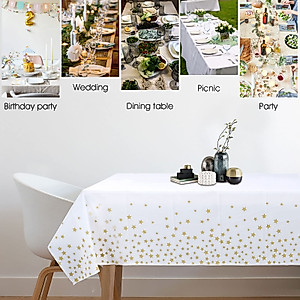 LCPCX 3-Piece Disposable Plastic Rectangle Tablecloth,Fitted Table Clothes for 6 Foot and 8 Foot Tables,Gold Star Pattern Party Decorations,54x108 Inch,White (Golden Star)