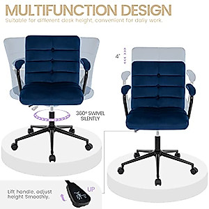 MFD LIVING Velvet Home Office Desk Chair, Upholstered Adjustable Swivel Task Chair with Wheels, Tufted Mid-Back Computer Chair with Arms, for Study Living Room Vanity (Blue, Black Base)