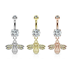 Dynamique Bee With AB Crystal Paved Wings Dangle Double Jeweled 316L Surgical Steel Belly Button Rings (Sold Per Piece)