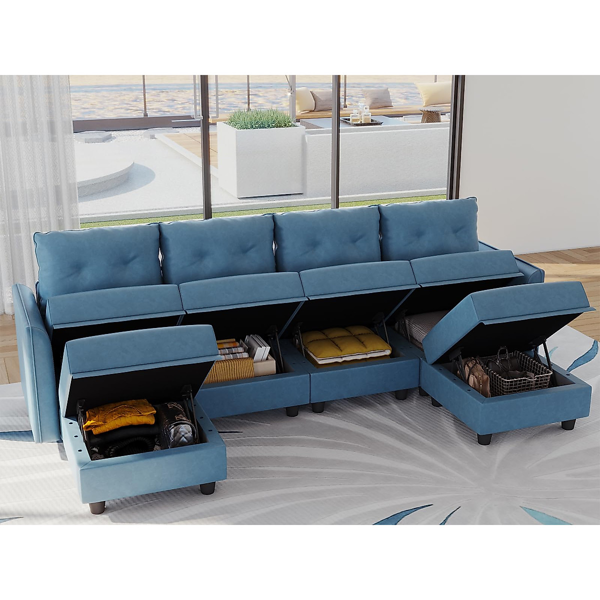 LLappuil Modular Sectional Sofa, Convertible U Shaped Couch with Storage, Faux Leather Fabric Waterproof Sectional Couch for Living Room, 111.8" Width, 6 Seat Modular Sofa, Navy Blue